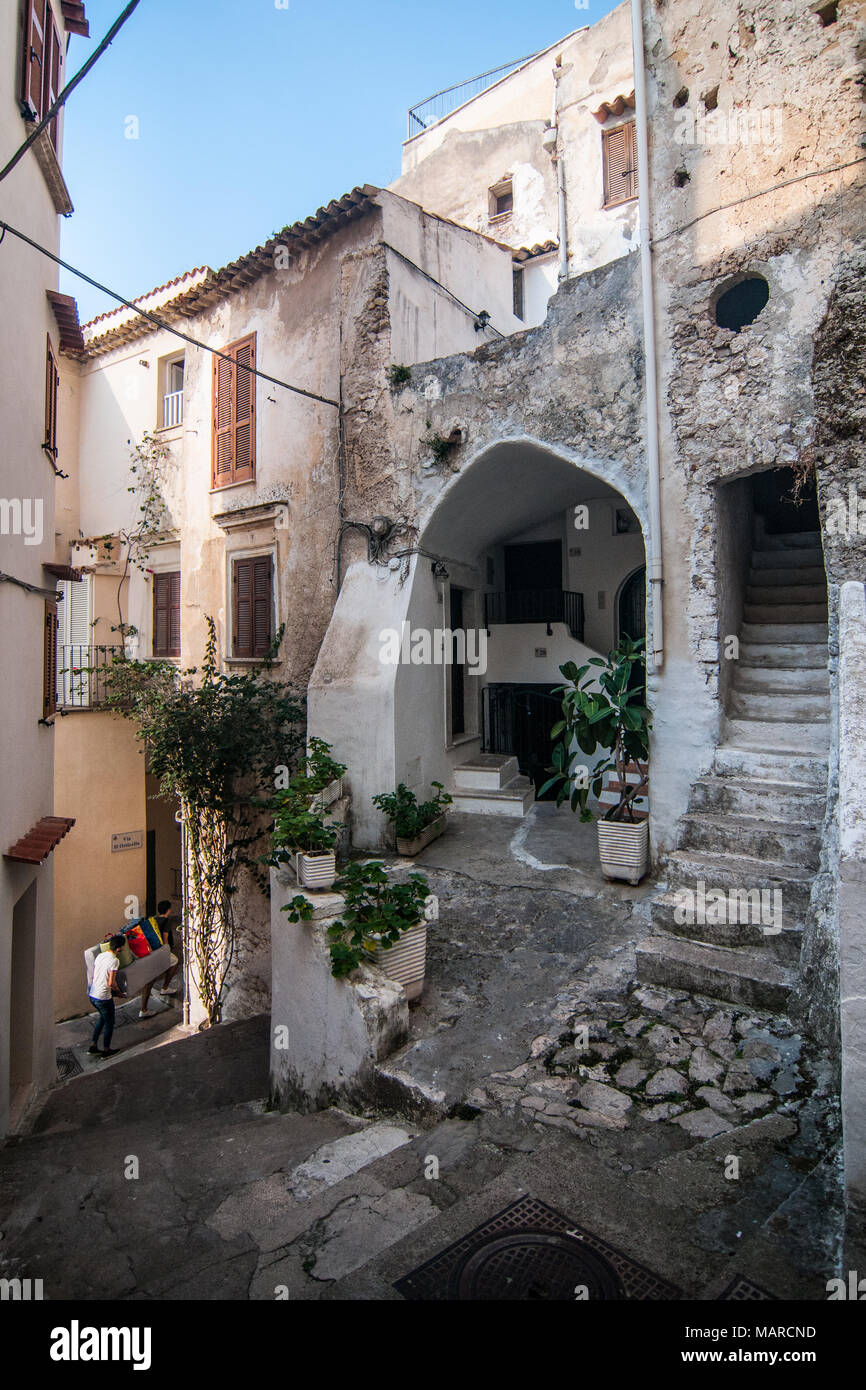 A view of the village of Sperlonga, Italy. Sperlonga is a coastal town ...