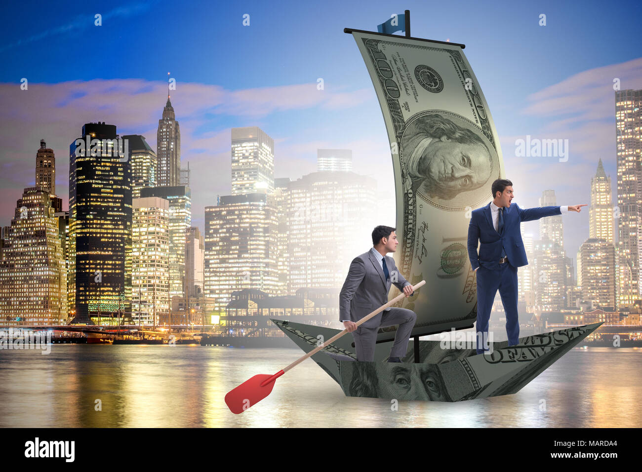 Business partnership with businessmen sailing on dollar boat Stock ...