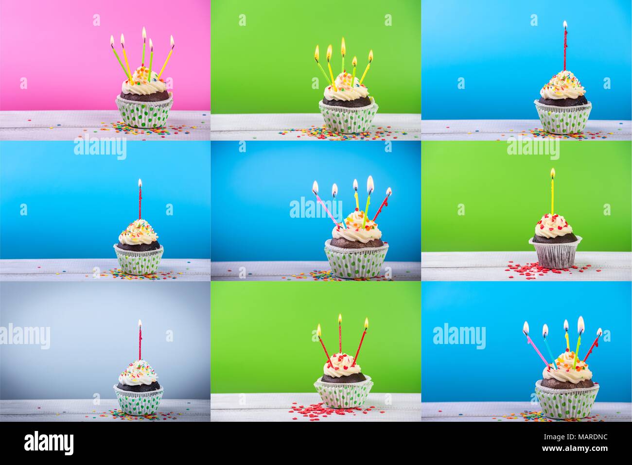 Big set of Birthday cupcake on a color background with multicolor ...