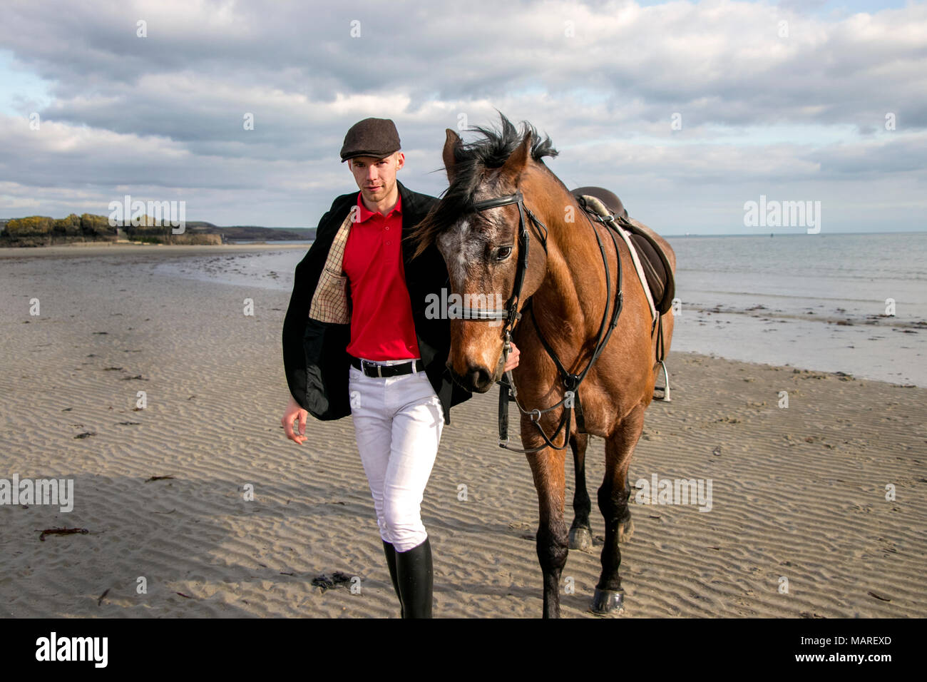 Handsome Male Horse Rider standing walking his horse, wearing flat cap ...