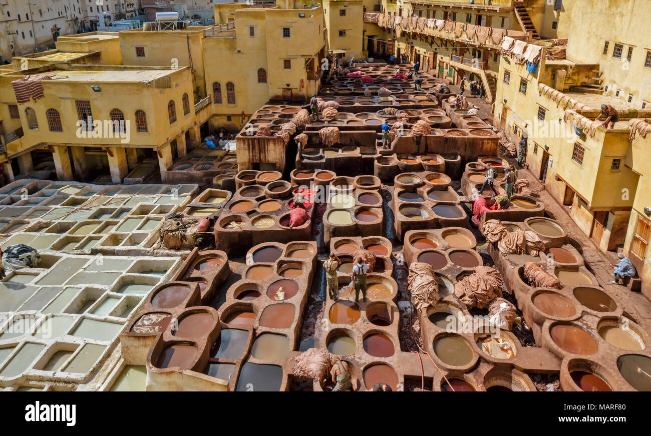 MOROCCO FES MEDINA SOUK CHOUWARA TANNERY TANNERIES VIEW OF CIRCULAR ...