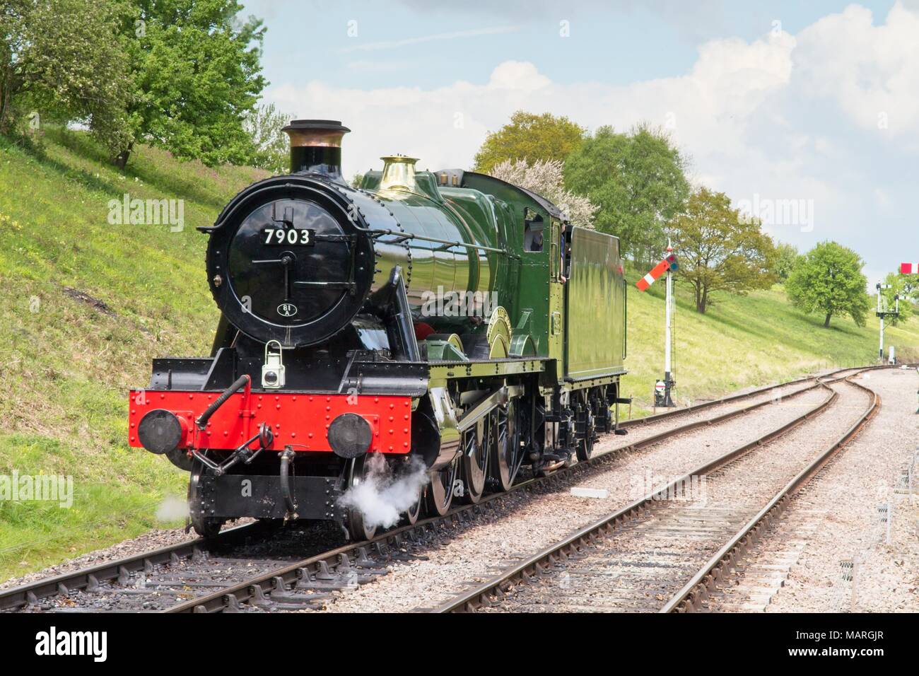 A view of the green steam engine Foremarke Hall, a modified Hall Class ...