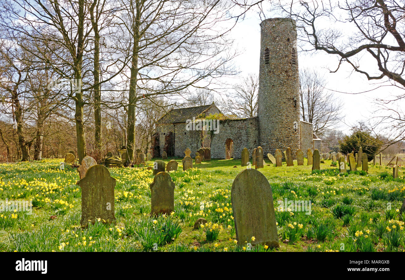 A view of the ruined church of St Theobald with churchyard and ...