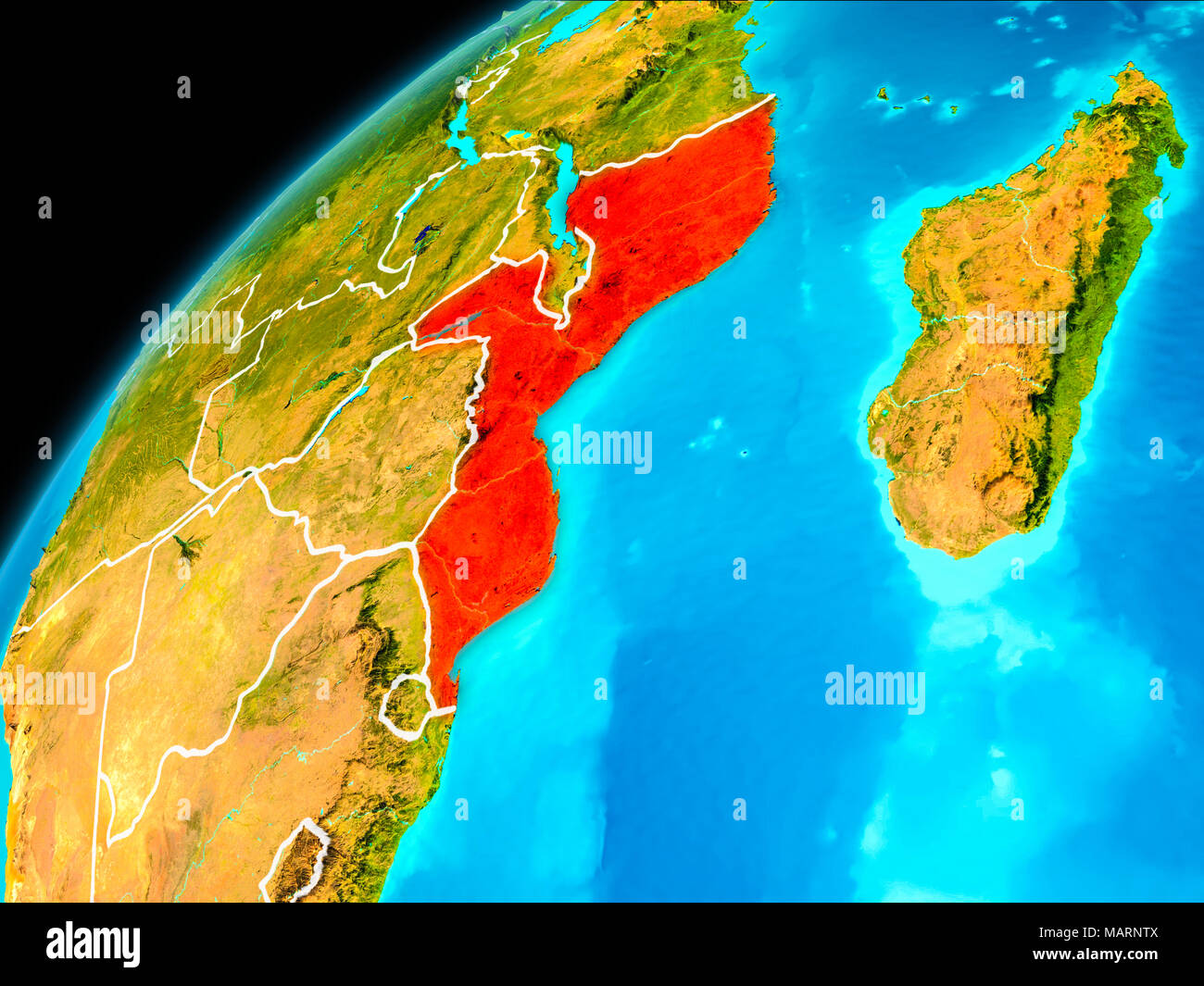 Orbit view of Mozambique highlighted in red with visible borderlines on planet Earth. 3D ...