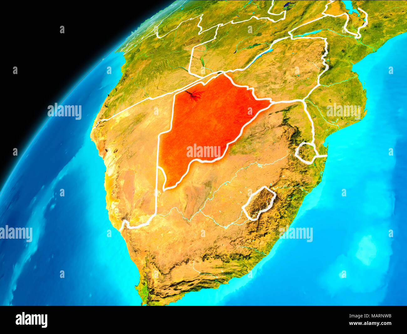 Orbit view of Botswana highlighted in red with visible borderlines on ...