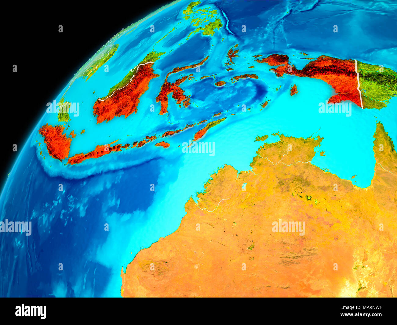 Orbit view of Indonesia highlighted in red with visible borderlines on planet Earth. 3D ...
