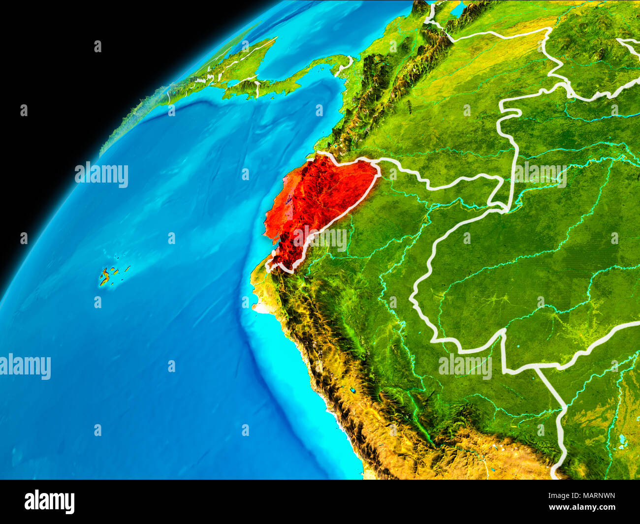 Orbit view of Ecuador highlighted in red with visible borderlines on planet Earth. 3D ...