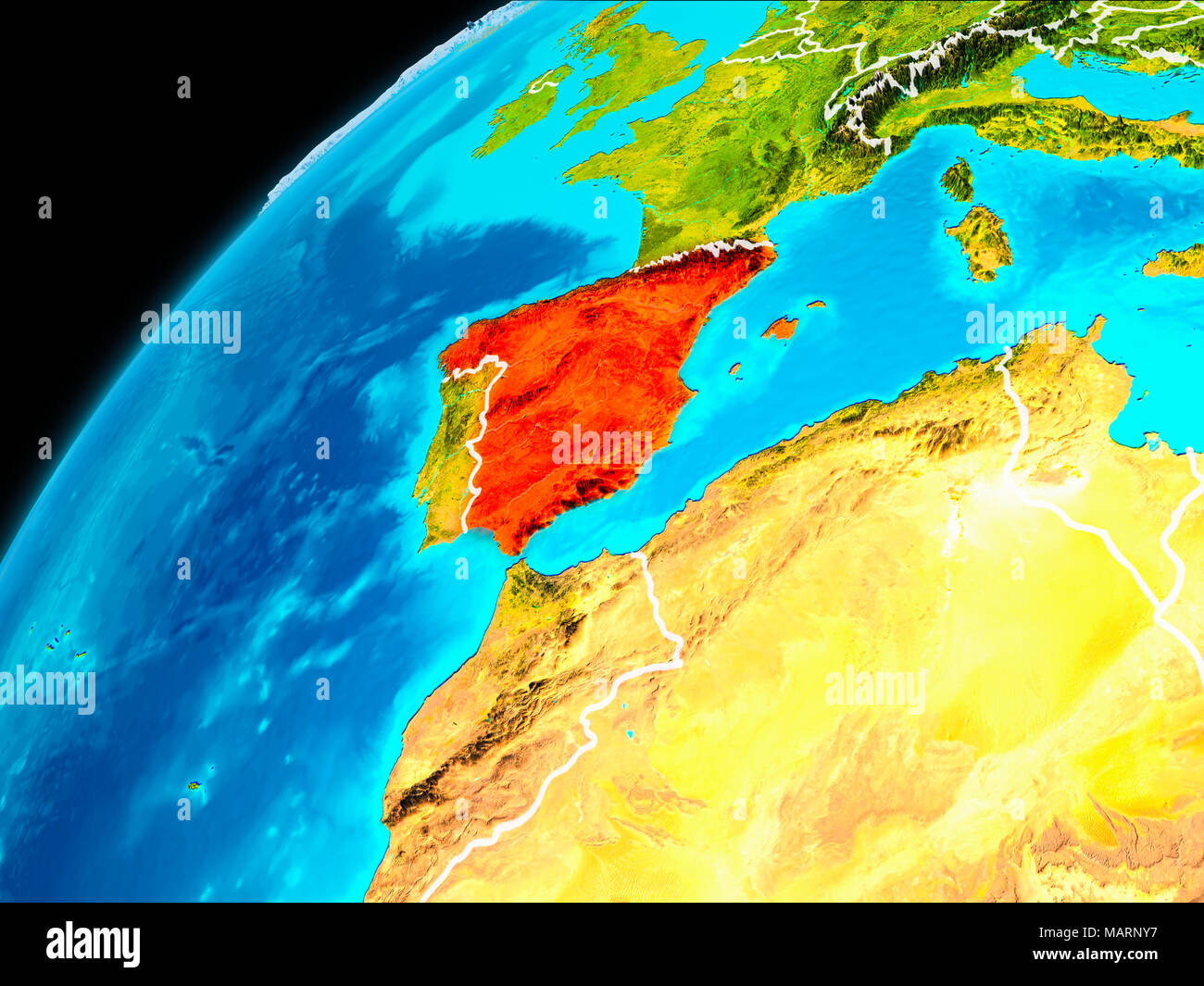 Orbit view of Spain highlighted in red with visible borderlines on ...