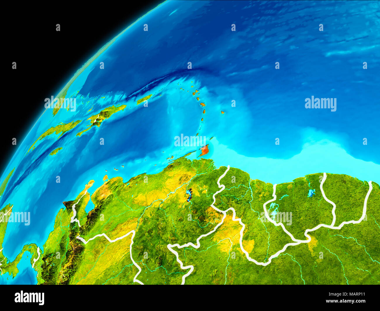 Orbit view of Caribbean highlighted in red with visible borderlines on planet Earth. 3D ...
