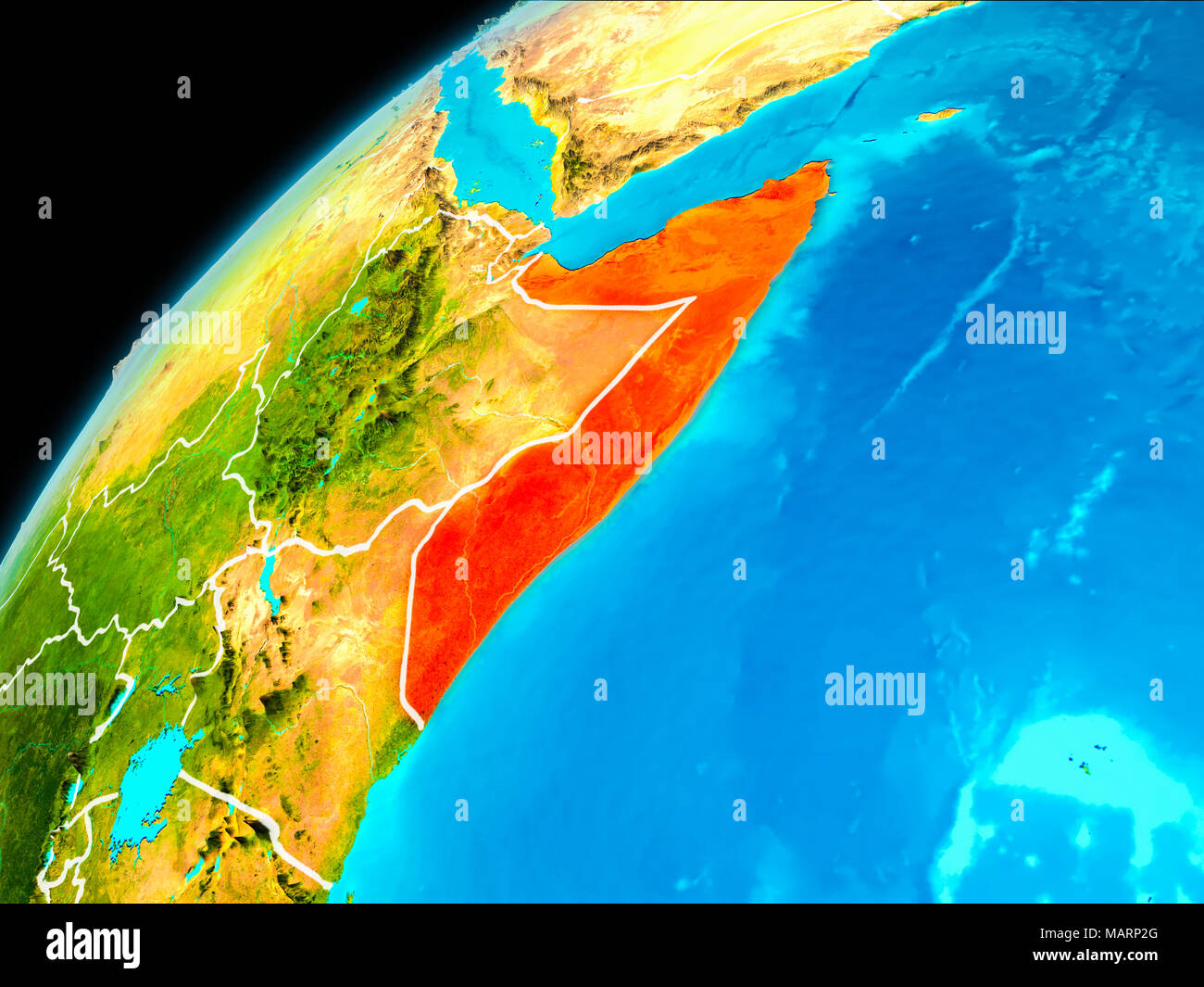 Orbit view of Somalia highlighted in red with visible borderlines on planet Earth. 3D ...