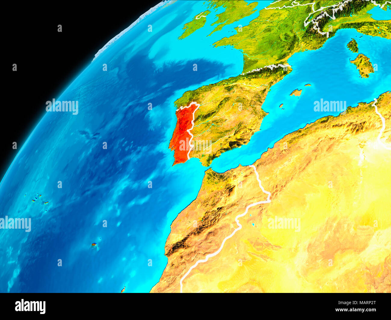 Orbit view of Portugal highlighted in red with visible borderlines on planet Earth. 3D ...