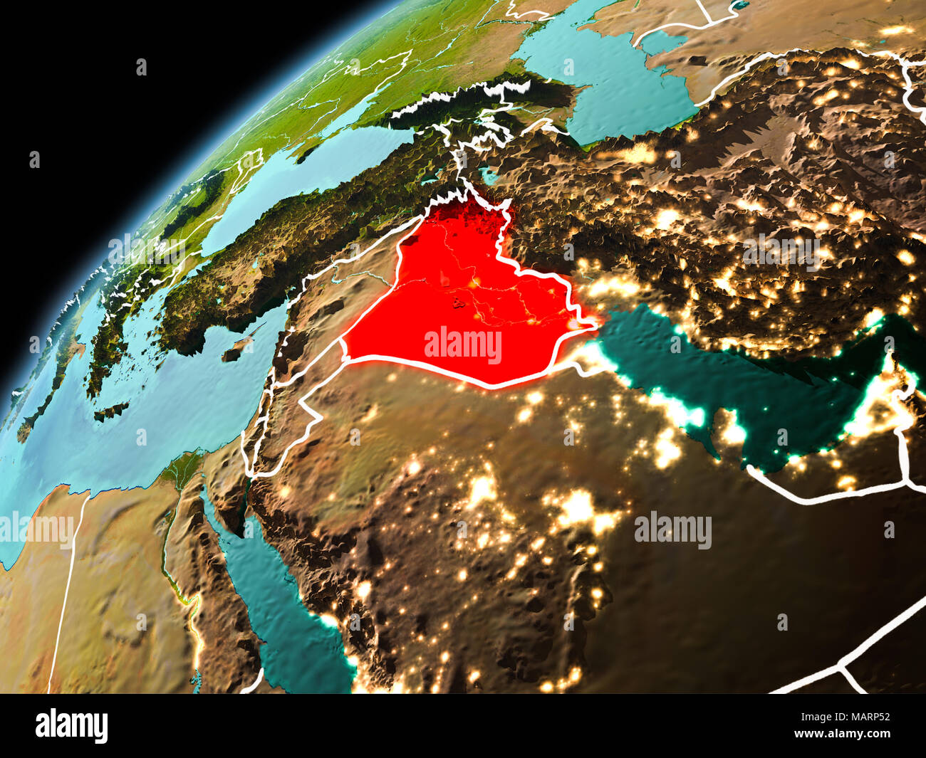 Illustration of Iraq as seen from Earth’s orbit in late evening with ...