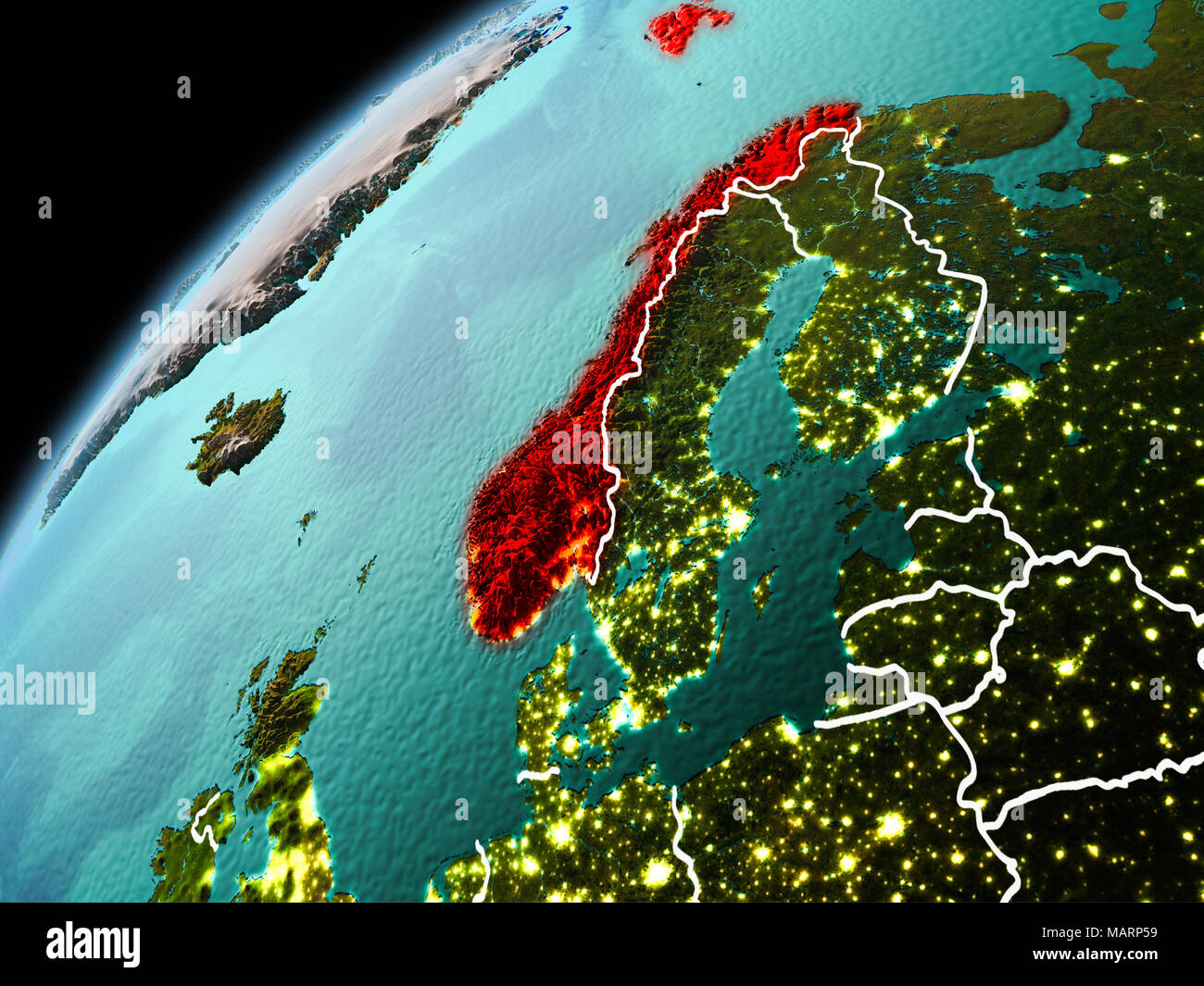 Illustration of Norway as seen from Earth’s orbit in late evening with visible border lines and ...