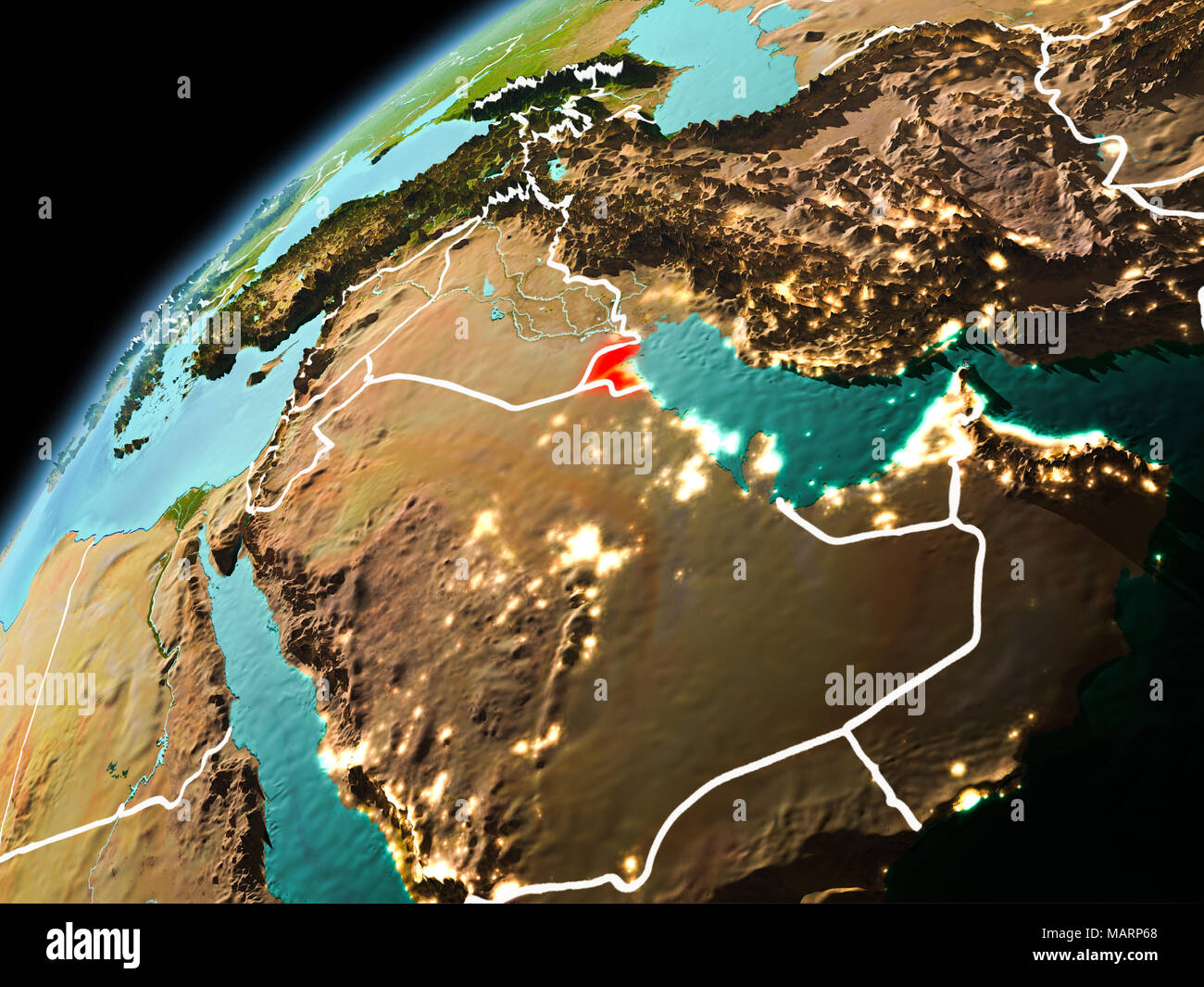 Illustration of Kuwait as seen from Earth’s orbit in late evening with ...