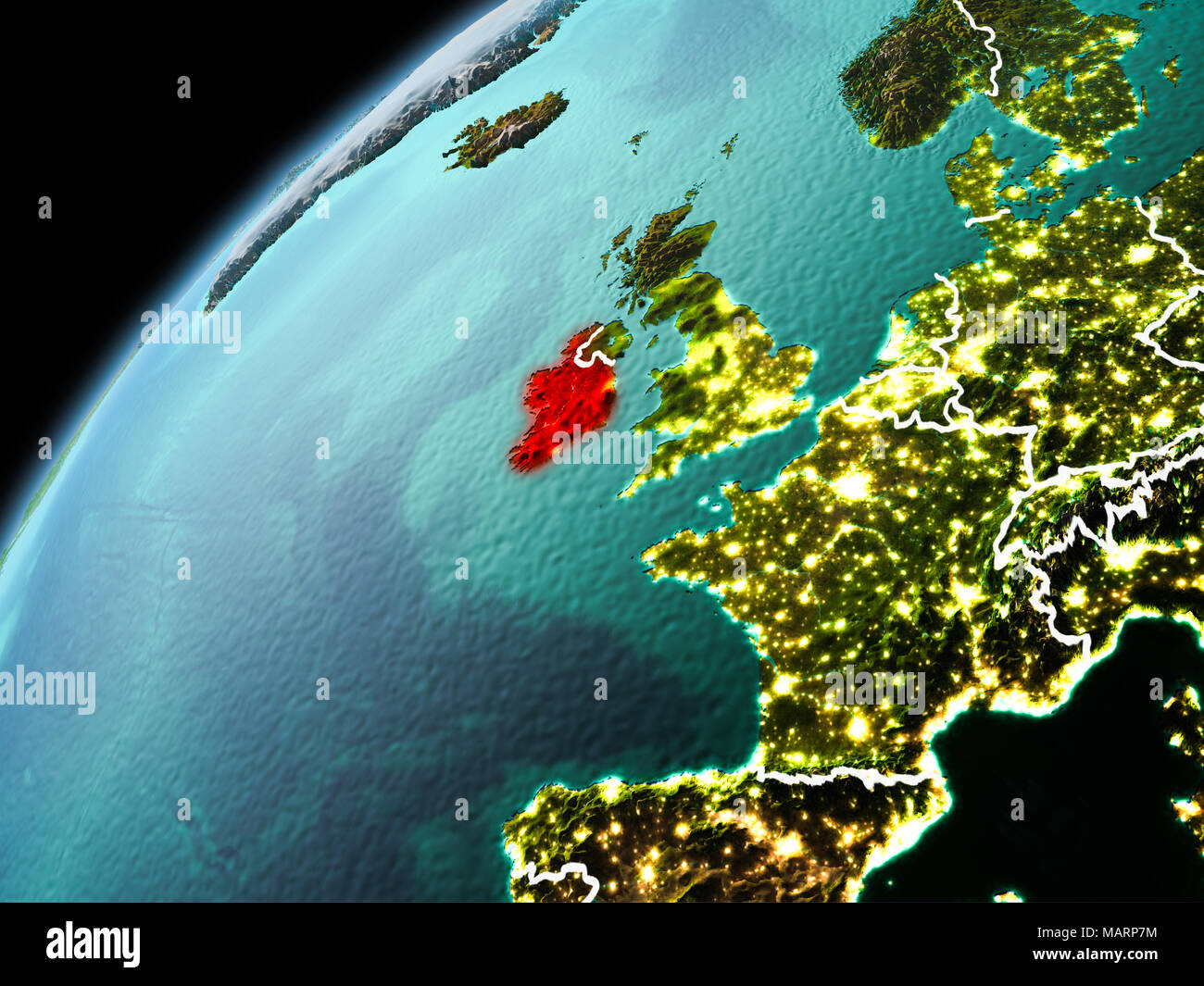 Illustration of Ireland as seen from Earth’s orbit in late evening with ...