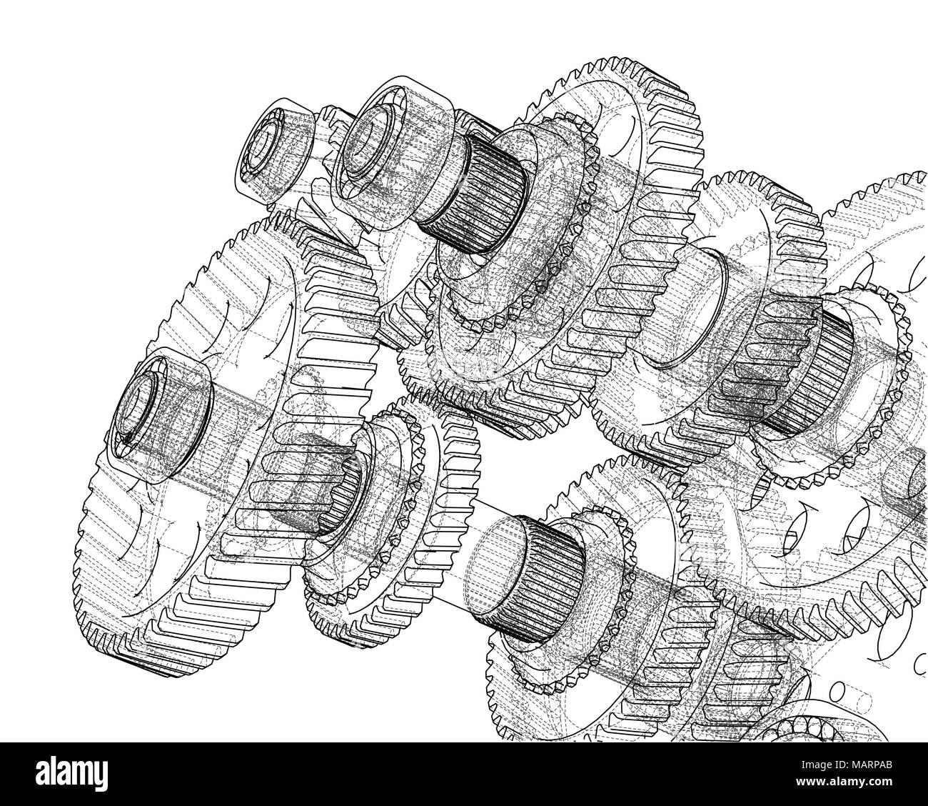 Gearbox sketch. 3d illustration Stock Photo - Alamy