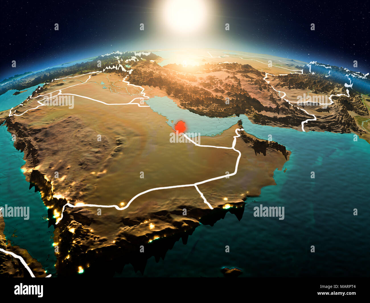 Sunrise above Qatar highlighted in red on model of planet Earth in ...