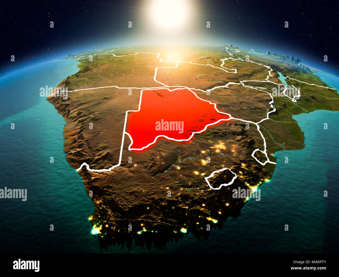 Sunrise above Botswana highlighted in red on model of planet Earth in space with visible country ...