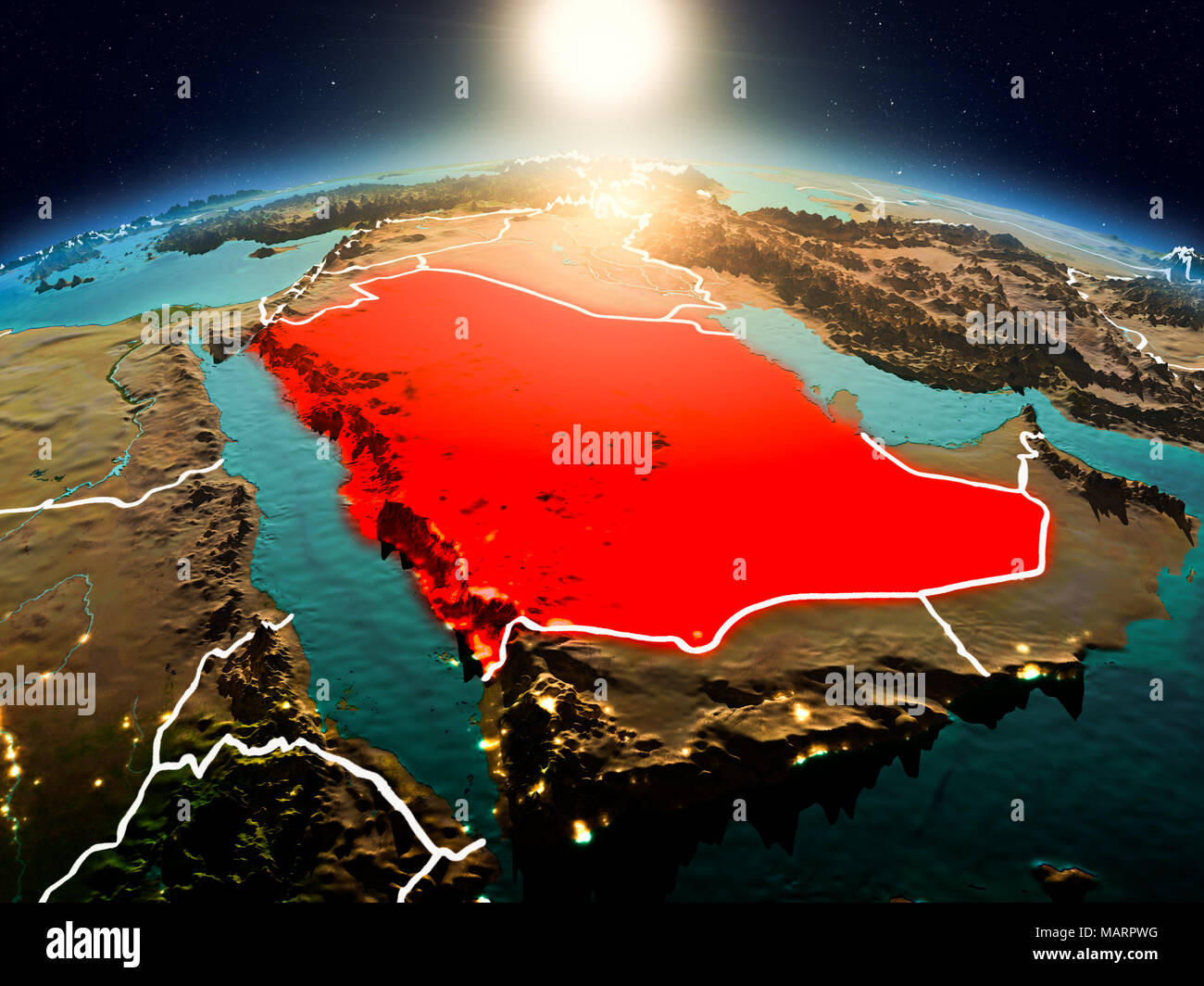 Sunrise above Saudi Arabia highlighted in red on model of planet Earth ...