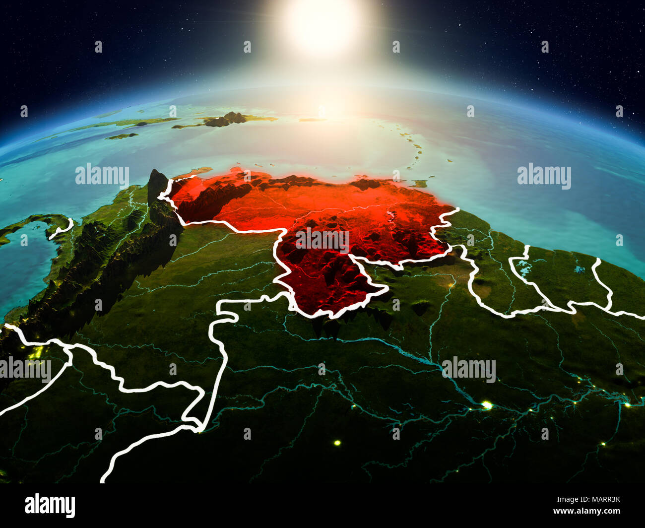 Sunrise above Venezuela highlighted in red on model of planet Earth in ...