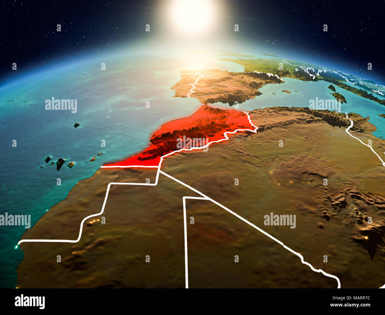 Sunrise above Morocco highlighted in red on model of planet Earth in ...