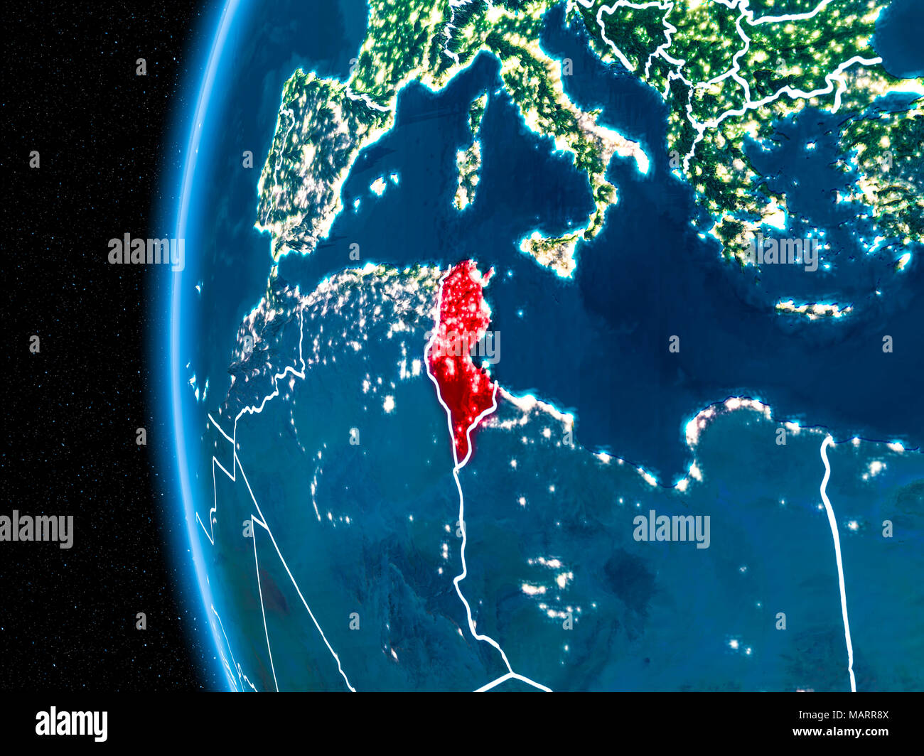 Space orbit view of Tunisia highlighted in red on planet Earth at night with visible country ...