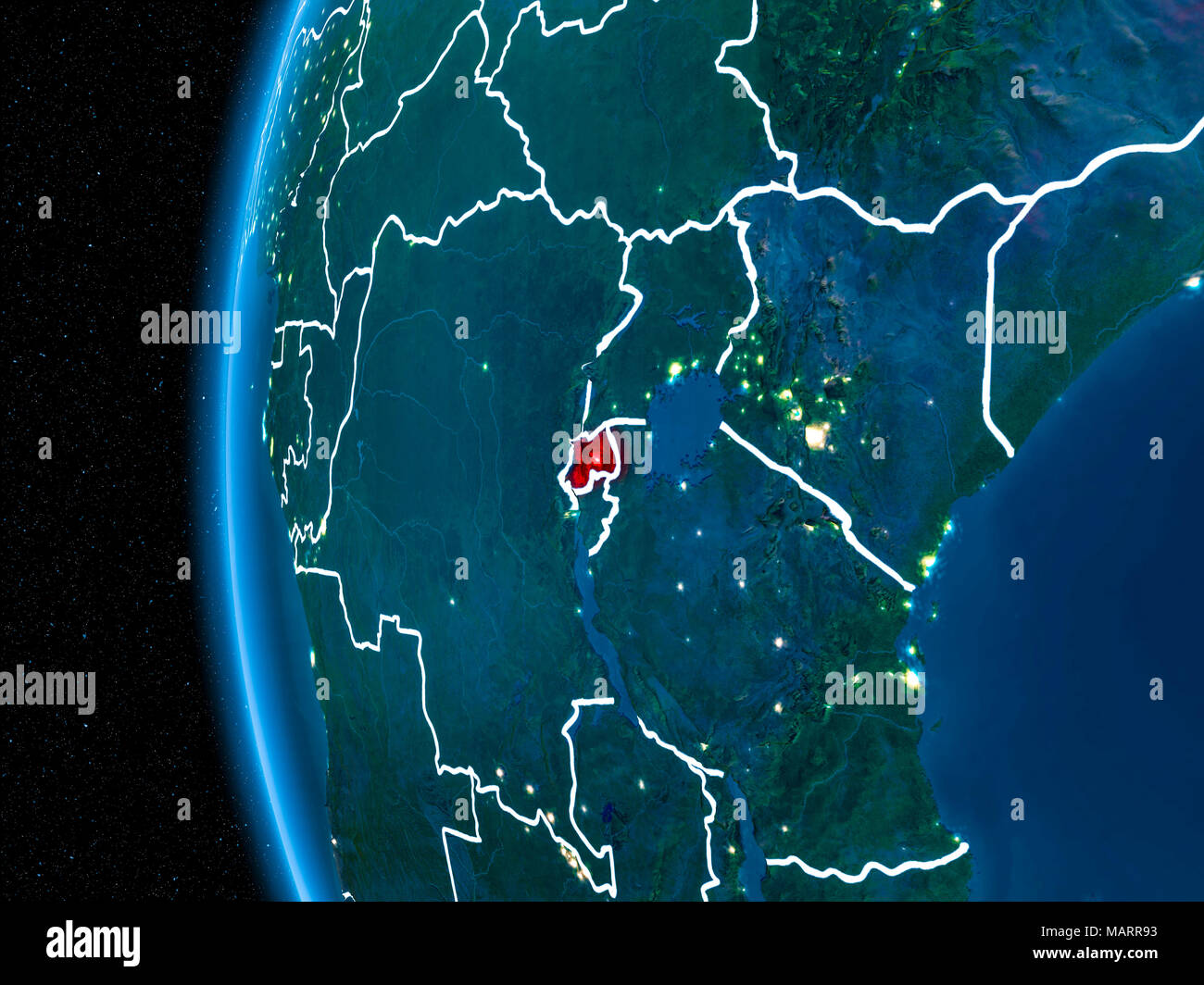 Space orbit view of Rwanda highlighted in red on planet Earth at night with visible country ...