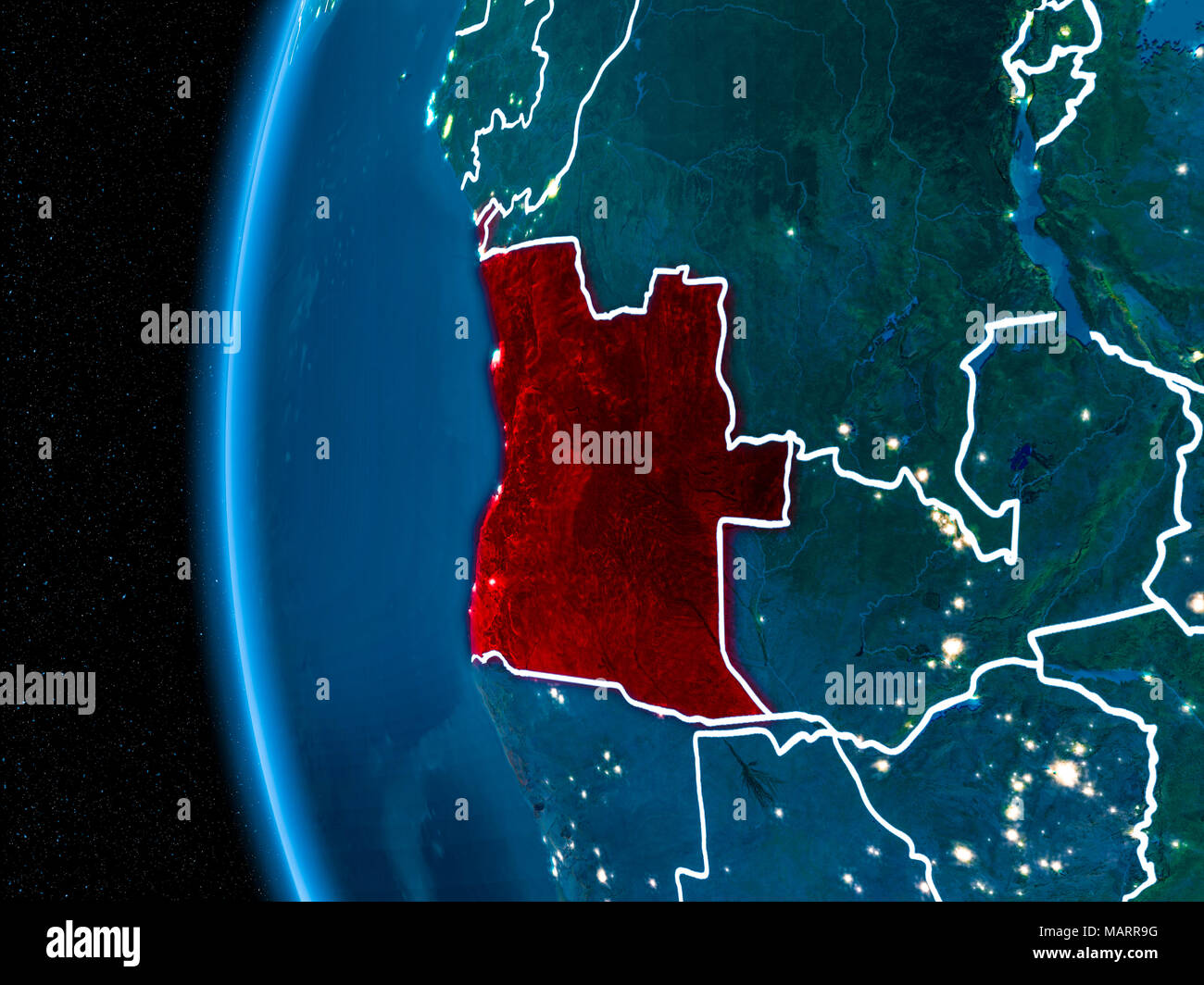 Space orbit view of Angola highlighted in red on planet Earth at night with visible country ...