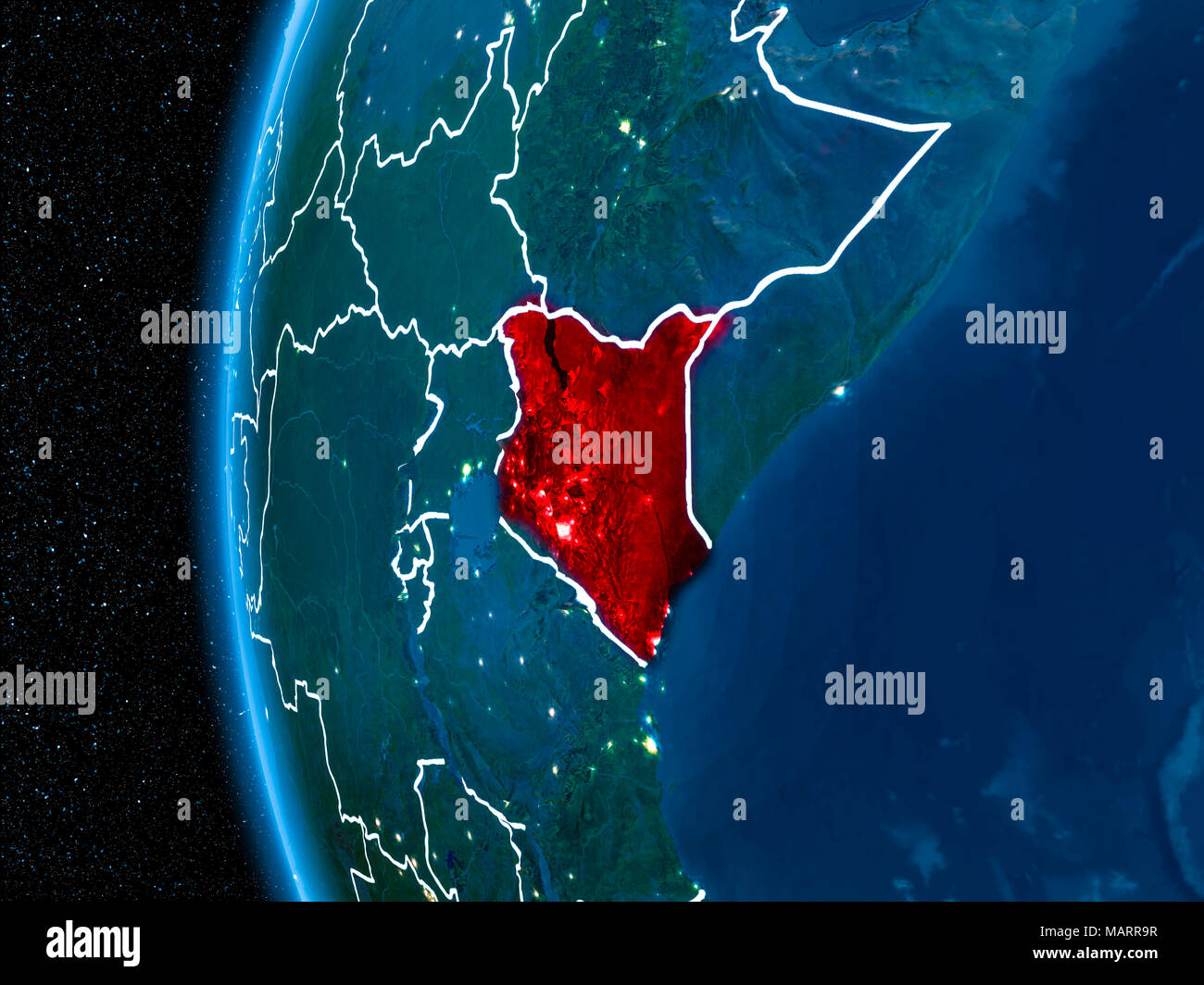 Space orbit view of Kenya highlighted in red on planet Earth at night with visible country ...