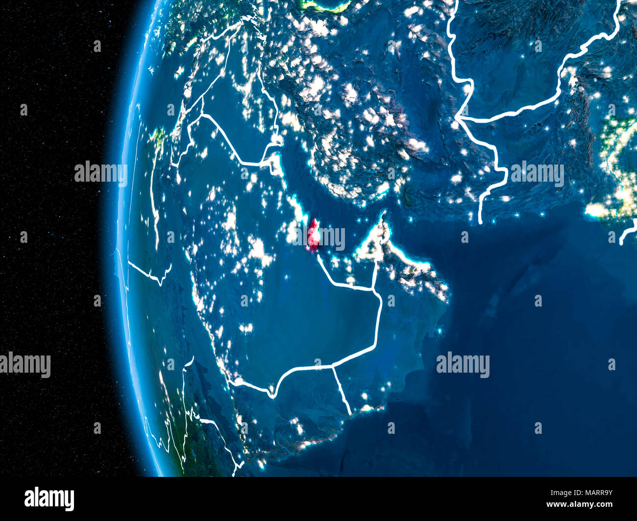 Space orbit view of Qatar highlighted in red on planet Earth at night with visible country ...