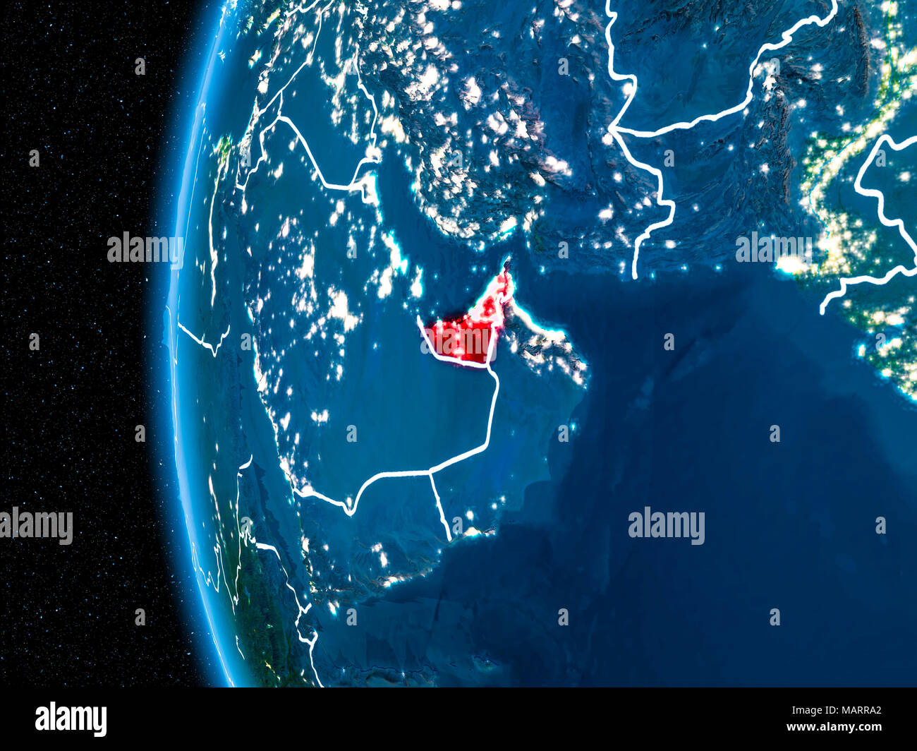 Space orbit view of United Arab Emirates highlighted in red on planet ...