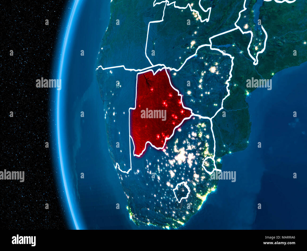 Space orbit view of Botswana highlighted in red on planet Earth at ...