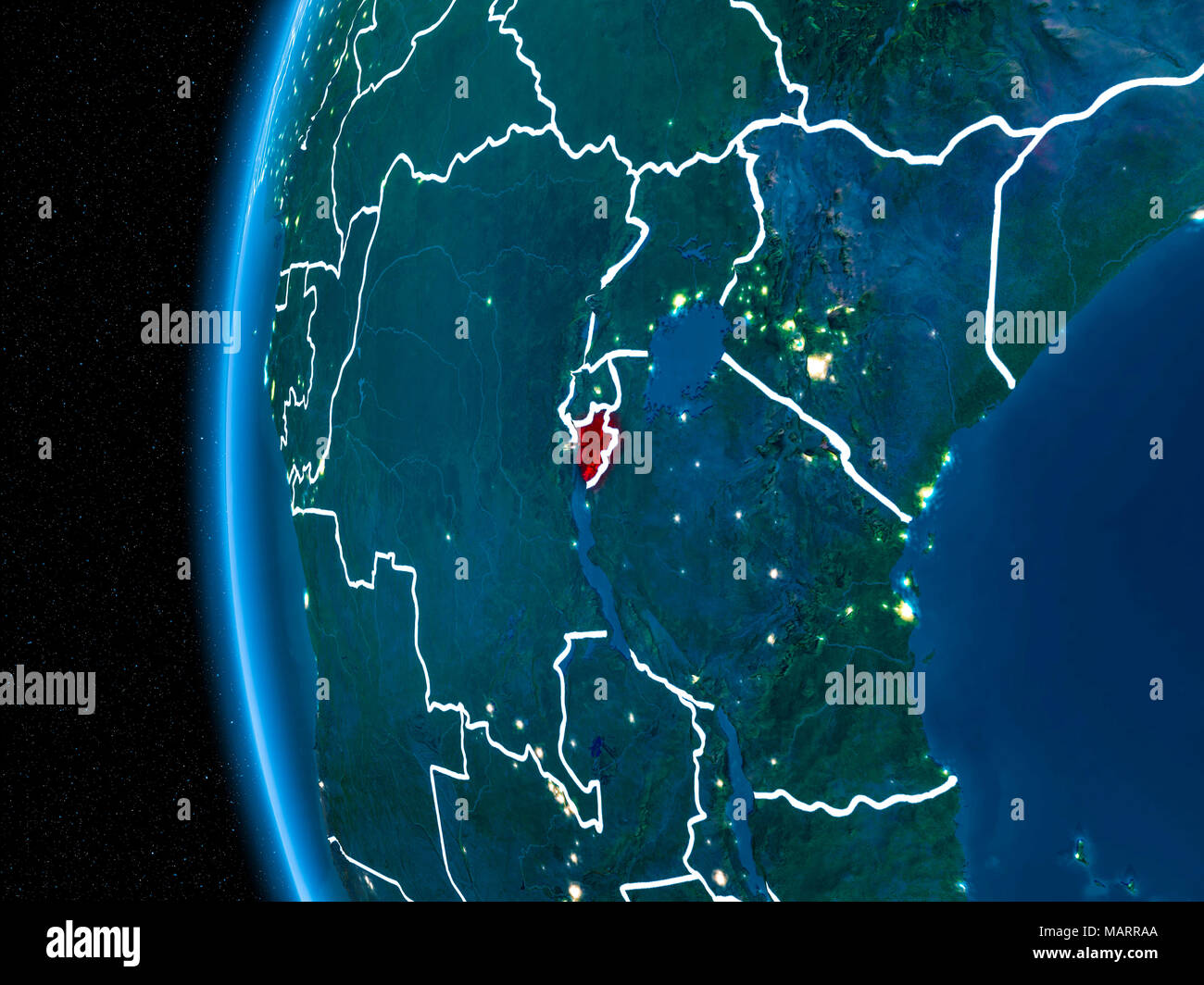 Space orbit view of Burundi highlighted in red on planet Earth at night with visible country ...