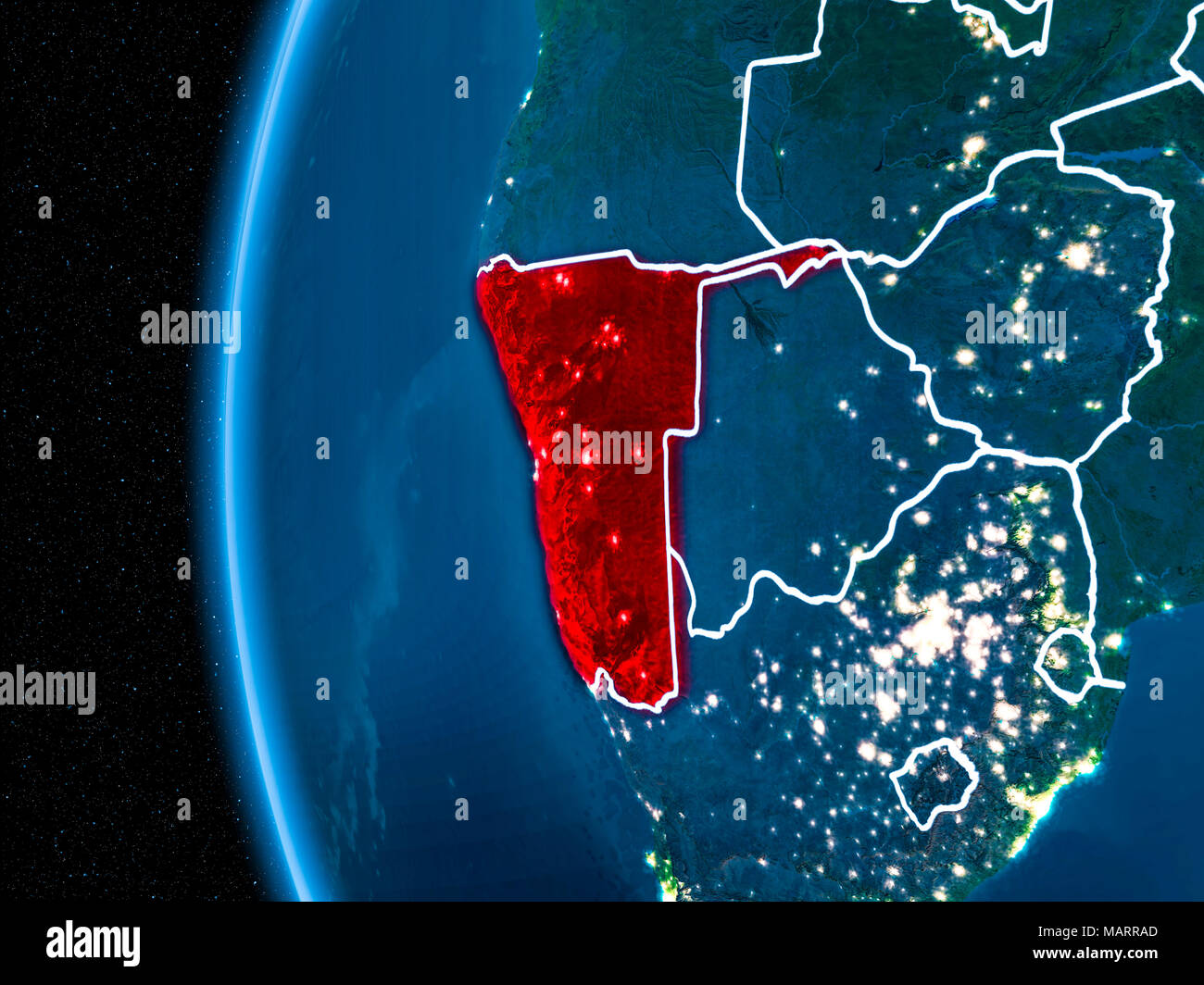 Space orbit view of Namibia highlighted in red on planet Earth at night with visible country ...