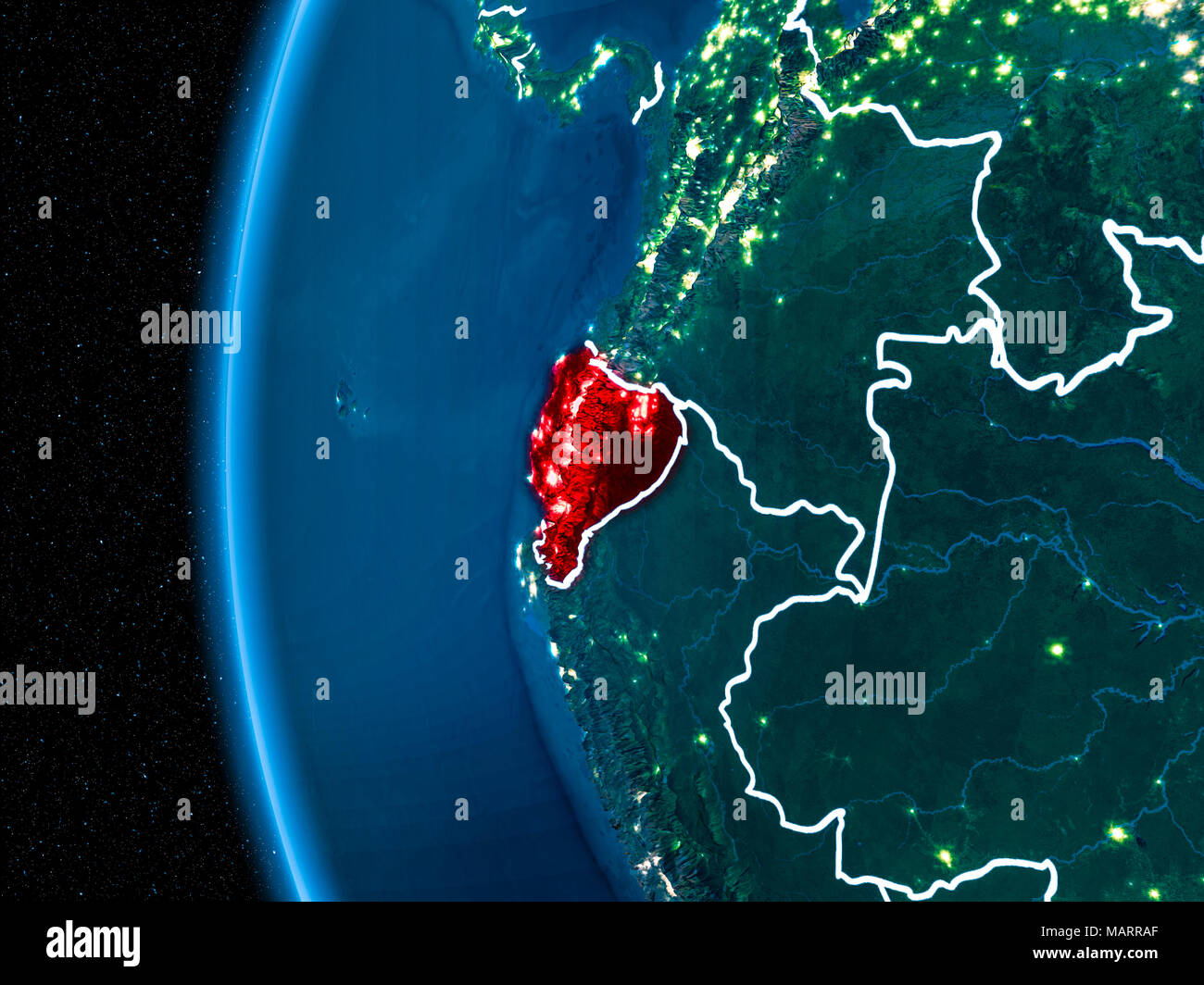 Space orbit view of Ecuador highlighted in red on planet Earth at night with visible country ...