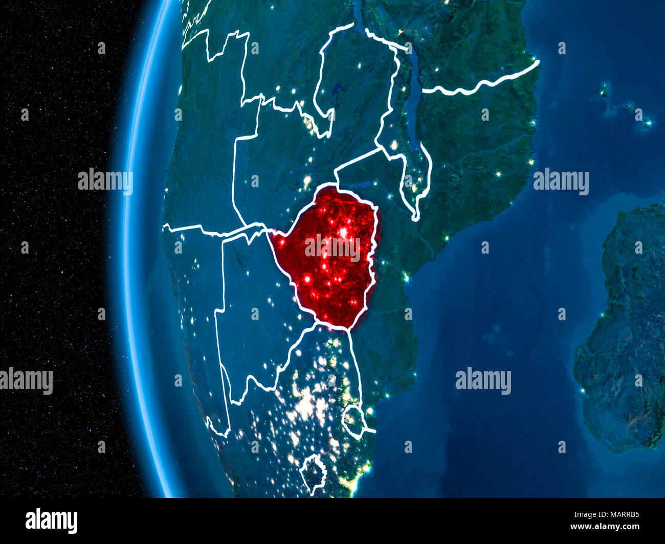 Space orbit view of Zimbabwe highlighted in red on planet Earth at night with visible country ...