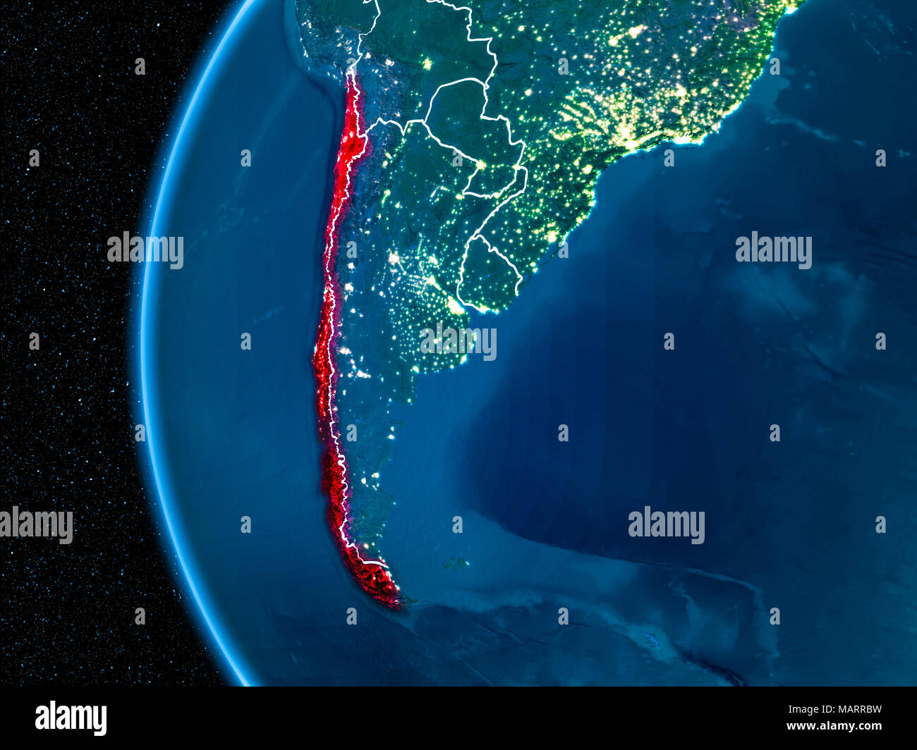 Space orbit view of Chile highlighted in red on planet Earth at night with visible country ...