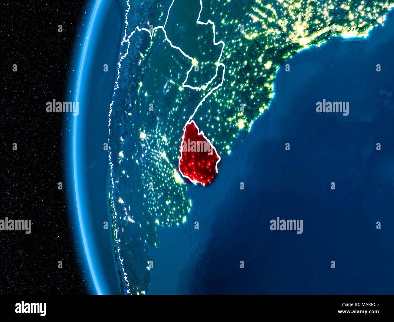 Space orbit view of Uruguay highlighted in red on planet Earth at night with visible country ...