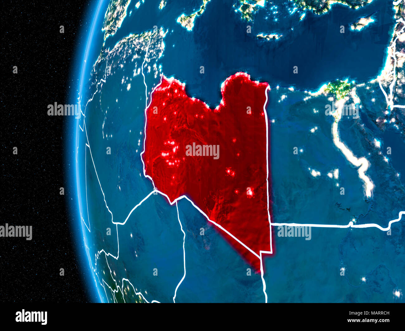 Space orbit view of Libya highlighted in red on planet Earth at night with visible country ...