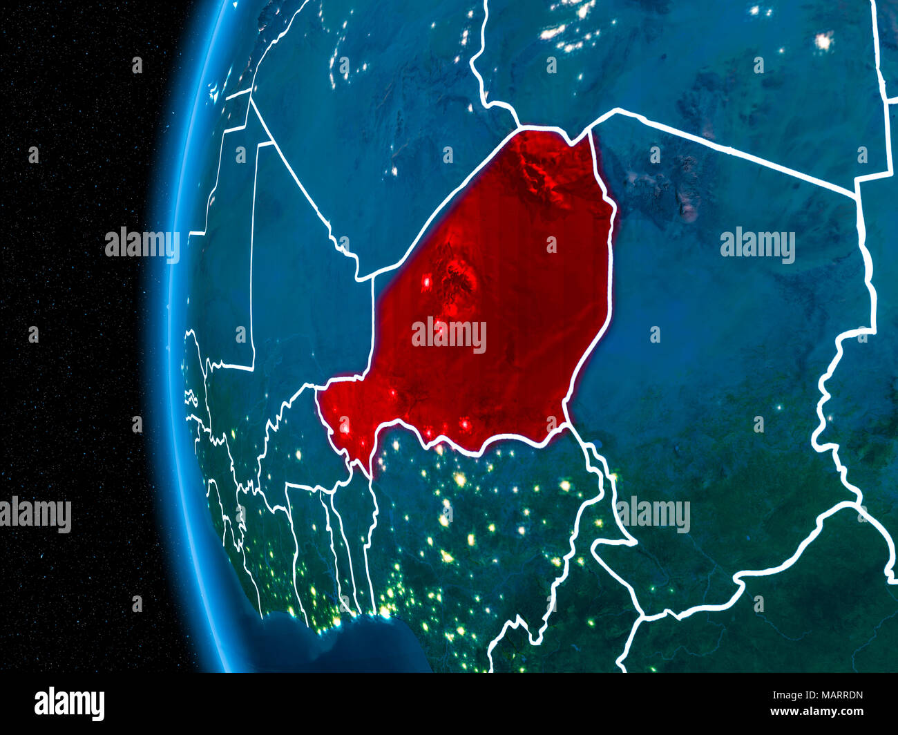 Space orbit view of Niger highlighted in red on planet Earth at night with visible country ...