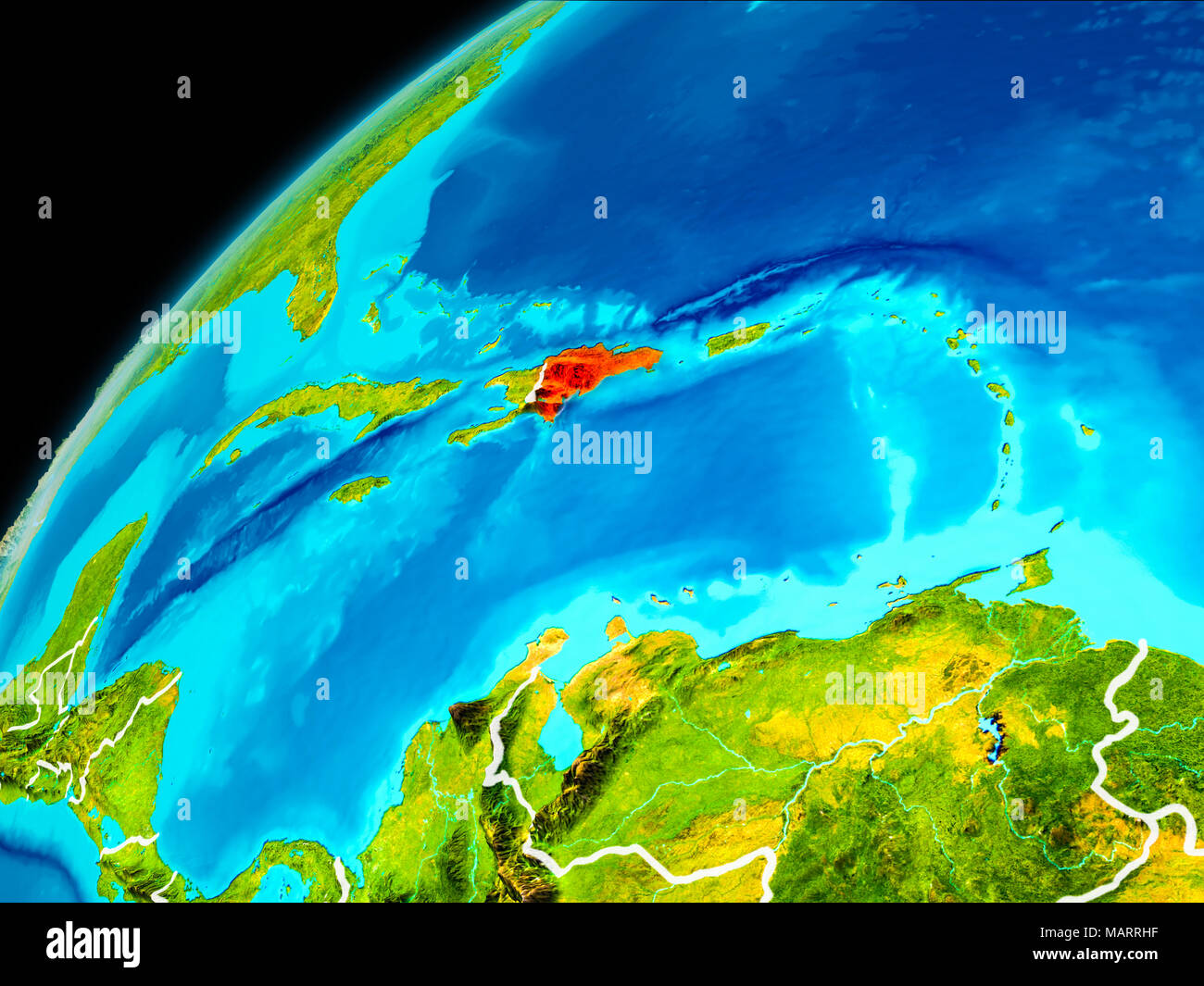 Orbit view of Dominican Republic highlighted in red with visible borderlines on planet Earth. 3D ...