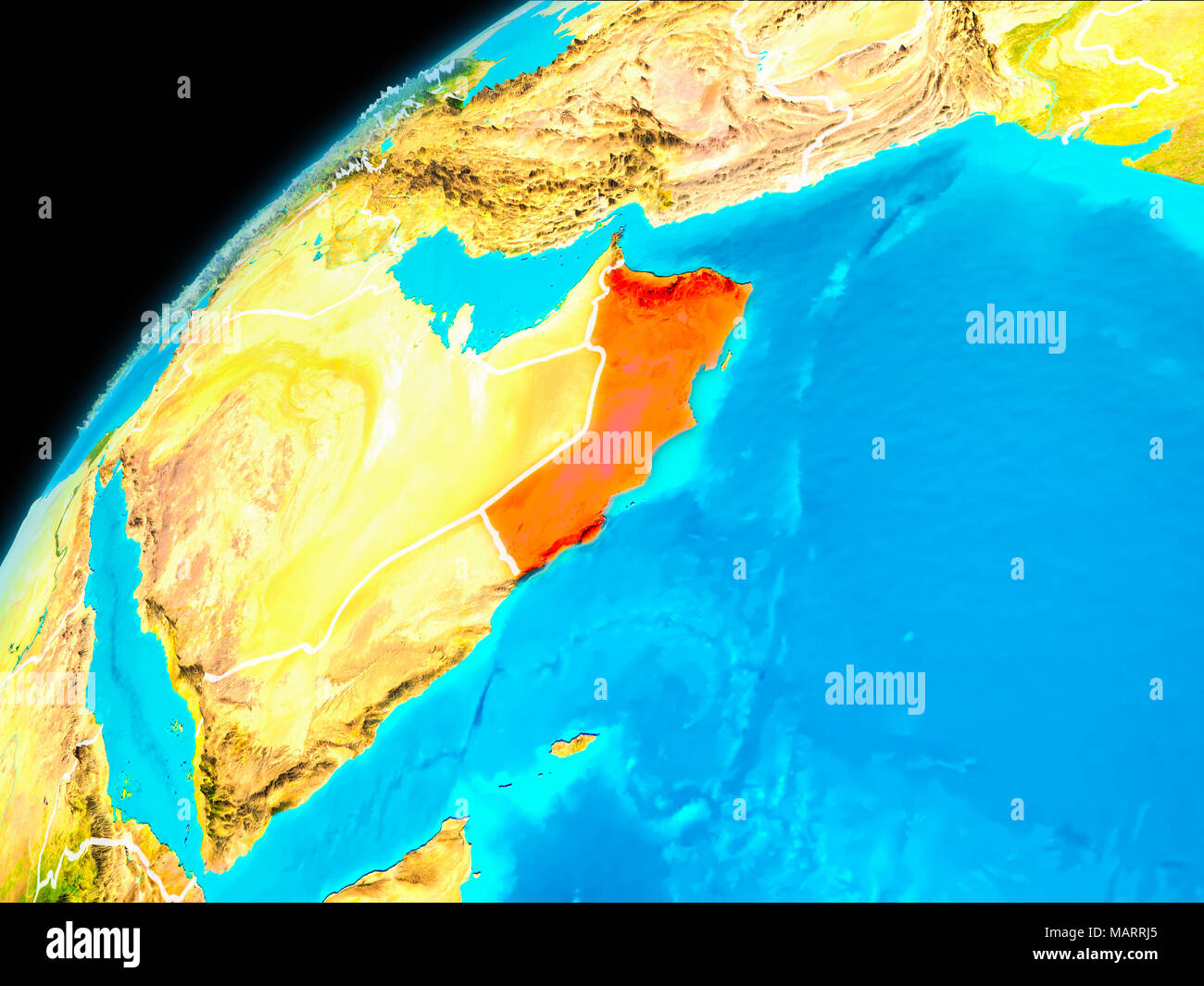 Orbit view of Oman highlighted in red with visible borderlines on planet Earth. 3D illustration ...