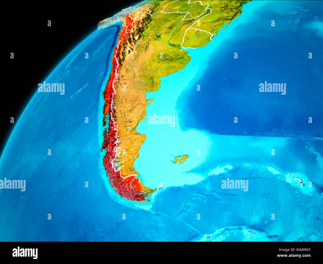 Orbit view of Chile highlighted in red with visible borderlines on planet Earth. 3D illustration ...