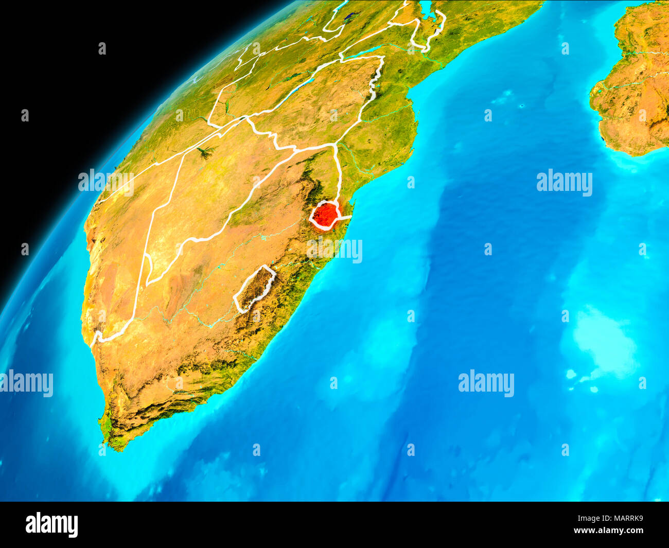 Orbit view of Swaziland highlighted in red with visible borderlines on planet Earth. 3D ...