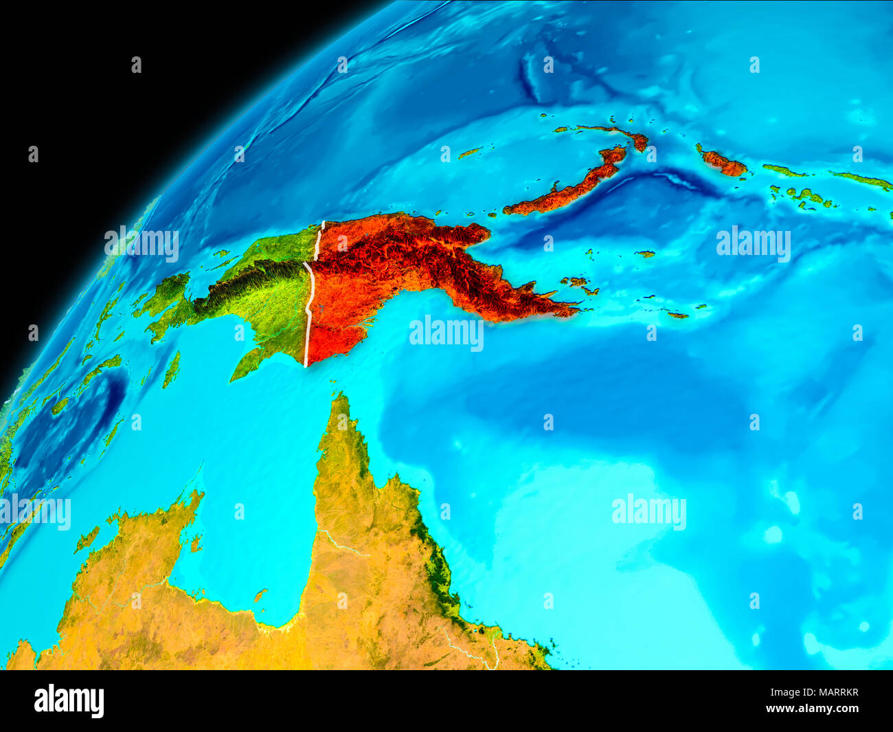Orbit view of Papua New Guinea highlighted in red with visible borderlines on planet Earth. 3D ...