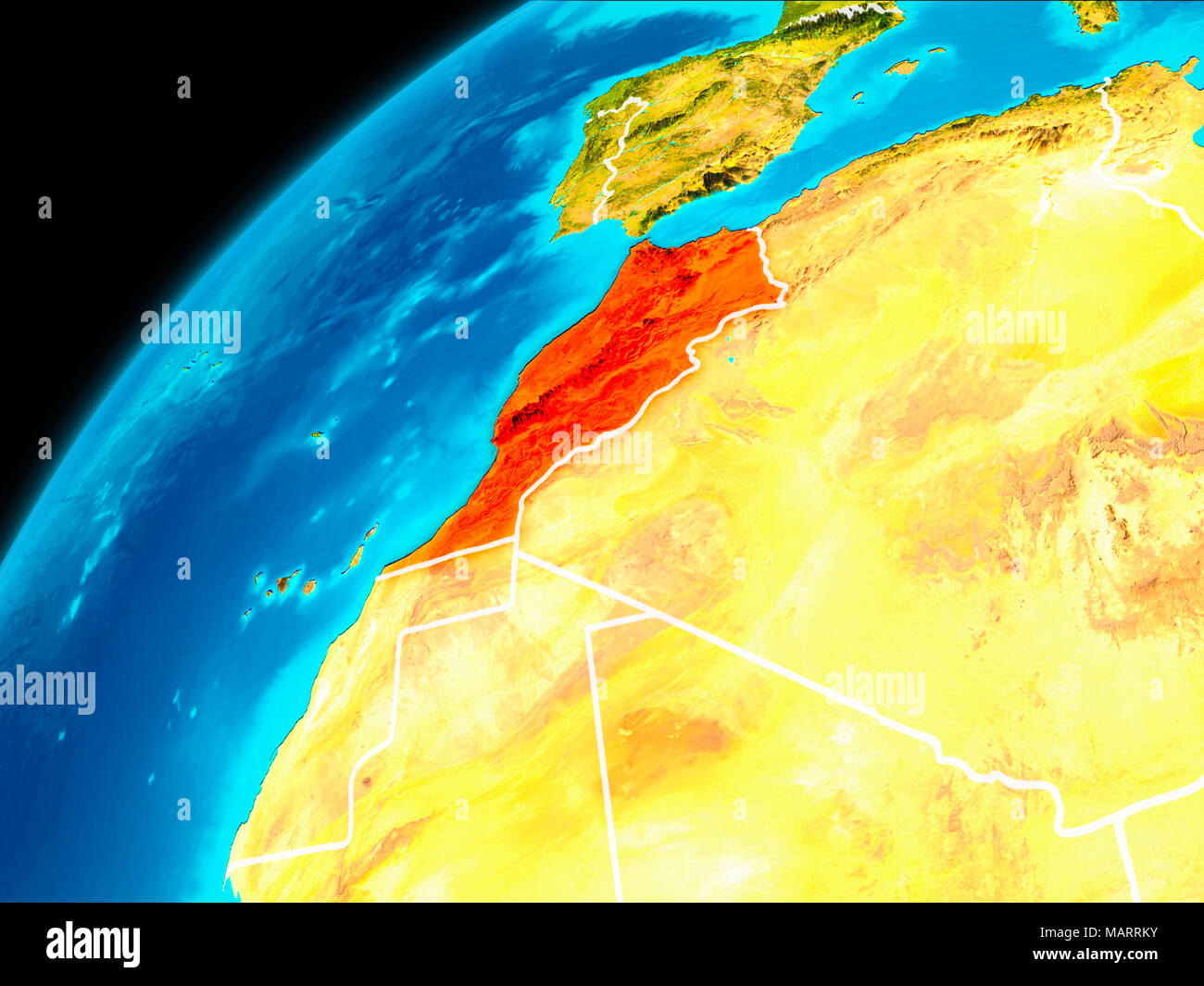 Orbit view of Morocco highlighted in red with visible borderlines on ...