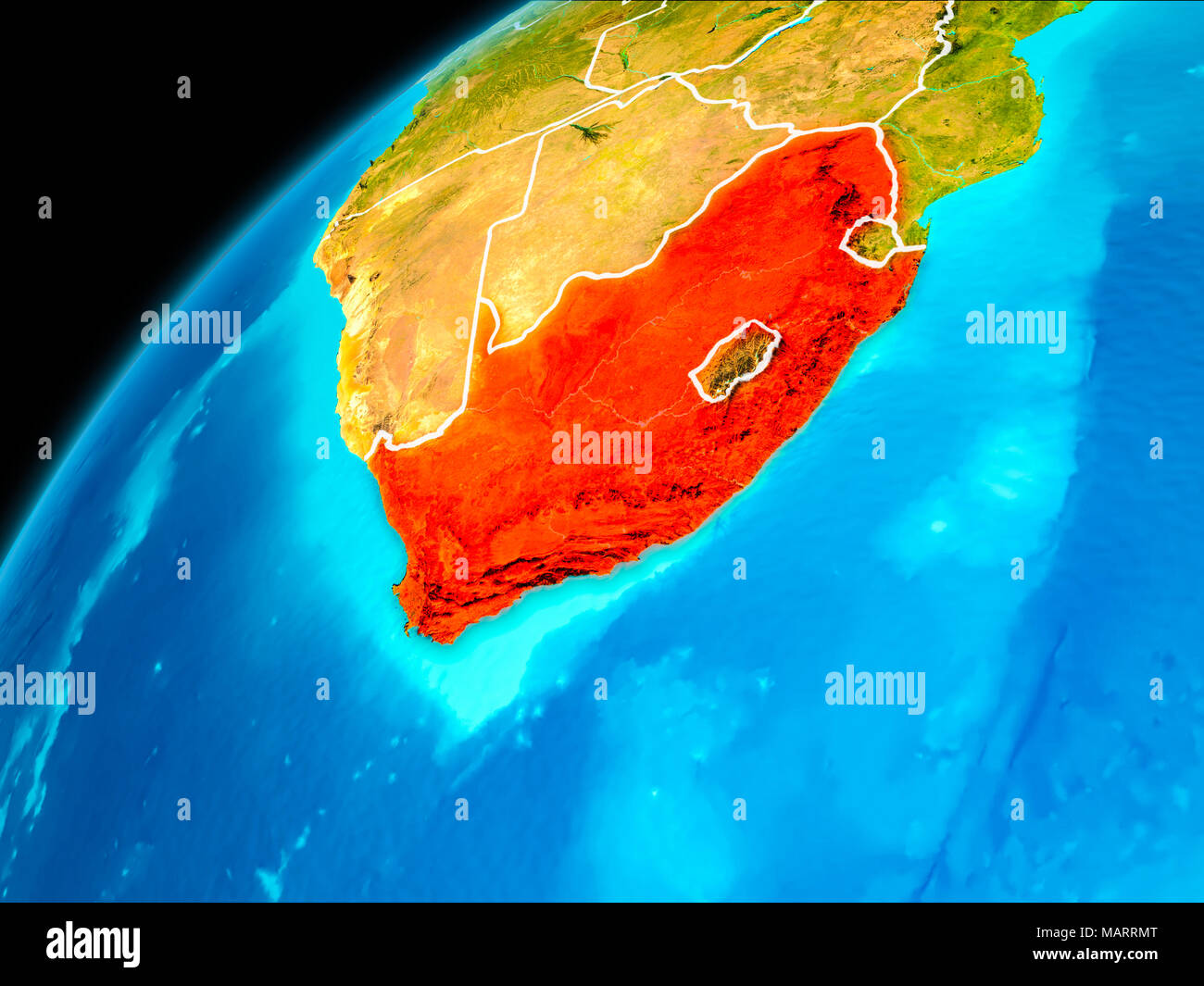 Orbit view of South Africa highlighted in red with visible borderlines on planet Earth. 3D ...