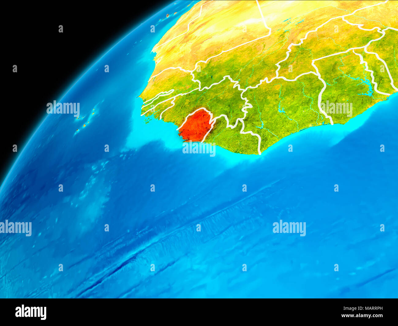 Orbit view of Sierra Leone highlighted in red with visible borderlines on planet Earth. 3D ...