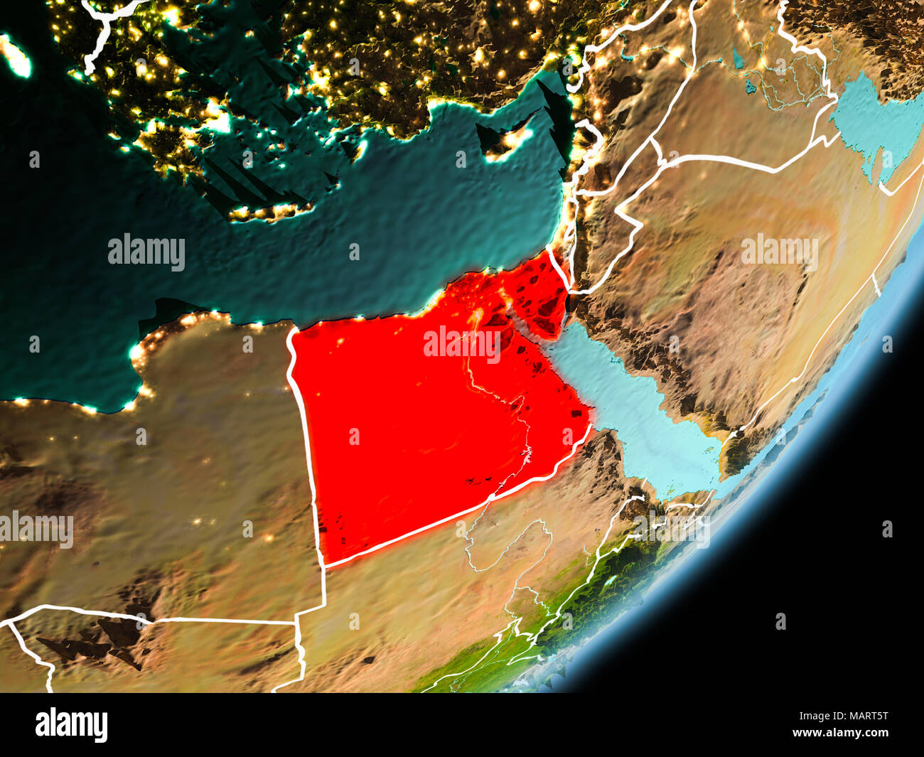 Egypt in early morning light highlighted in red on planet Earth with ...