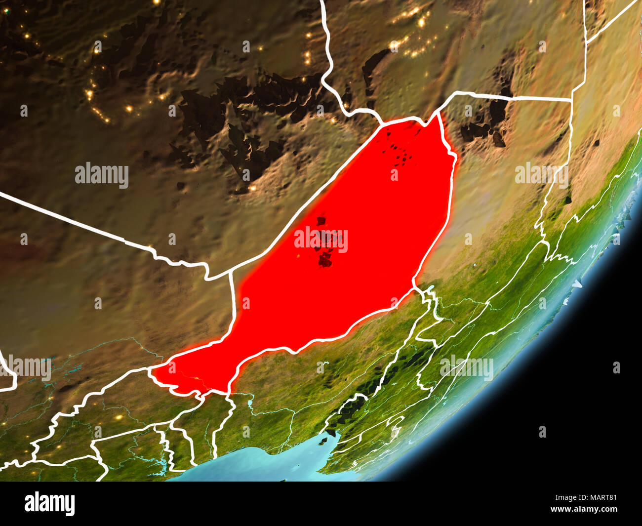 Niger in early morning light highlighted in red on planet Earth with ...